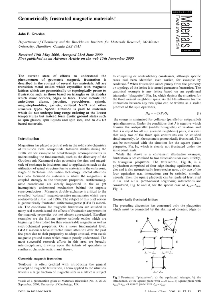 John E. Greedan - Geometrically Frustrated Magnetic Materials | PDF ...