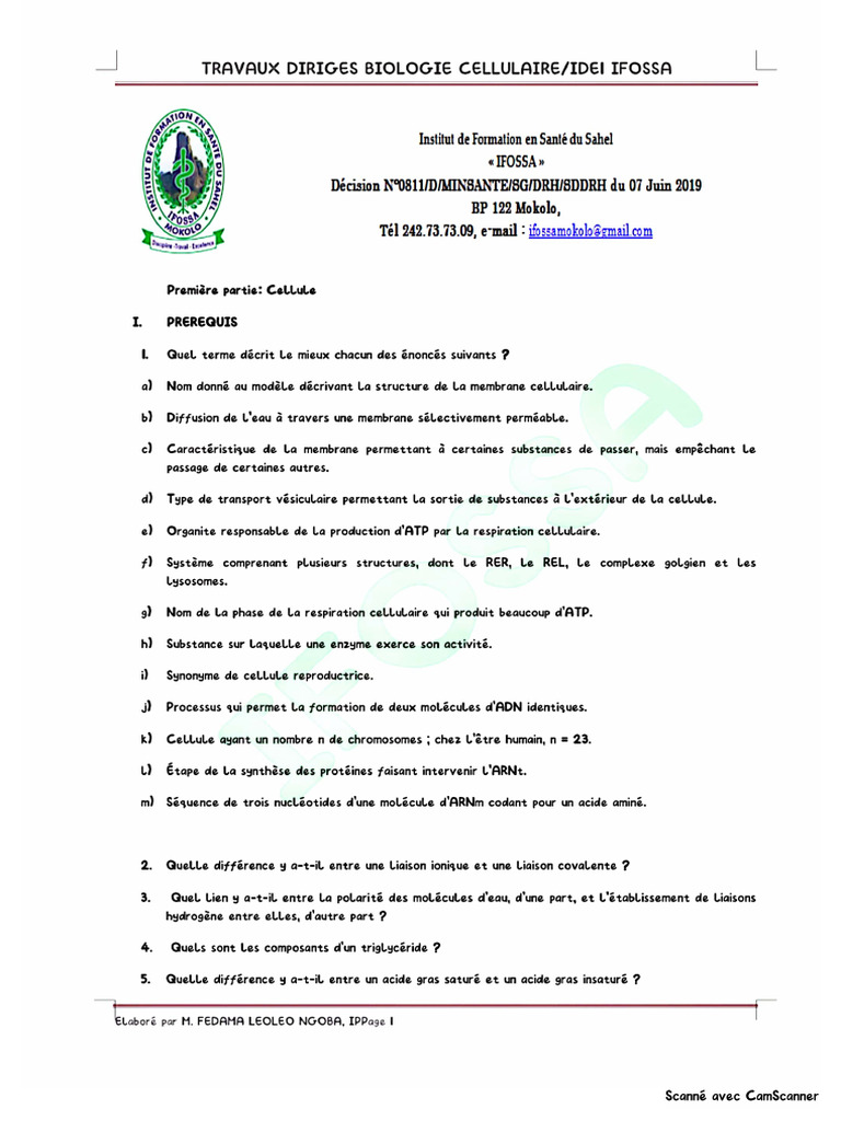 Travaux Dirigés Biologie Cellulaire Des IDE 1 | PDF