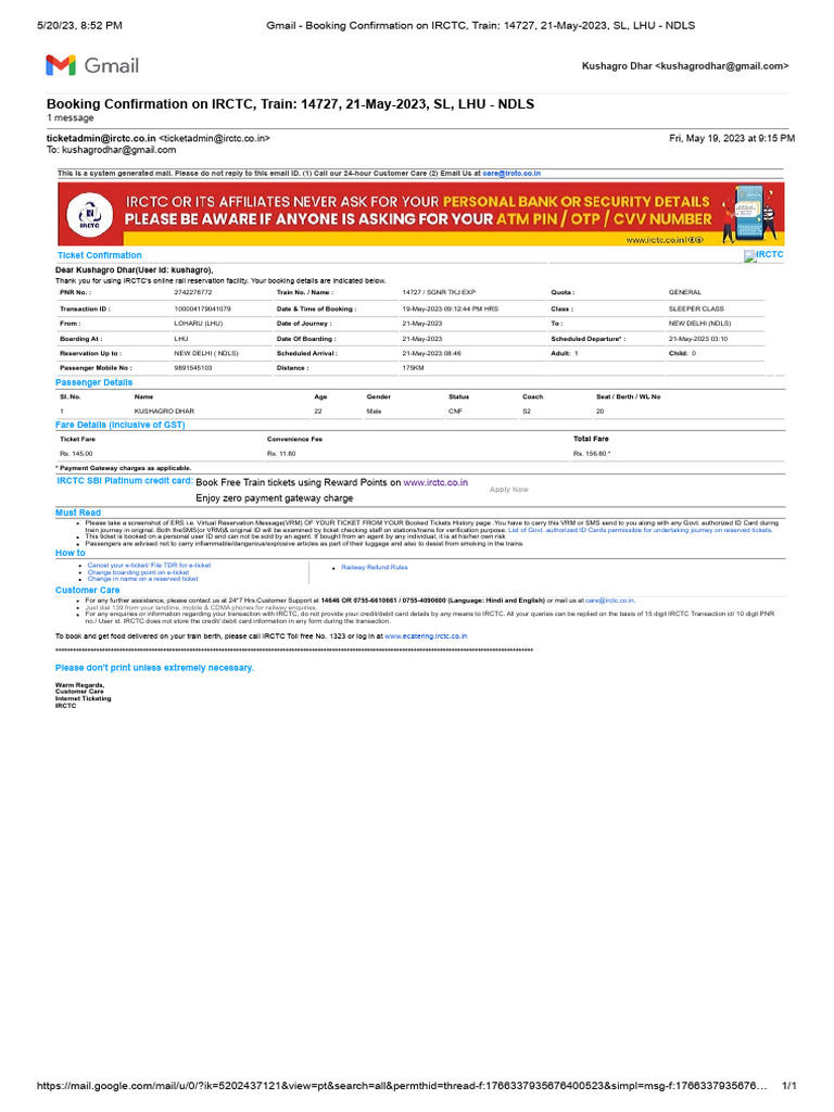 Gmail - Booking Confirmation On IRCTC, Train - 14727, 21-May-2023, SL, LHU - NDLS | PDF ...