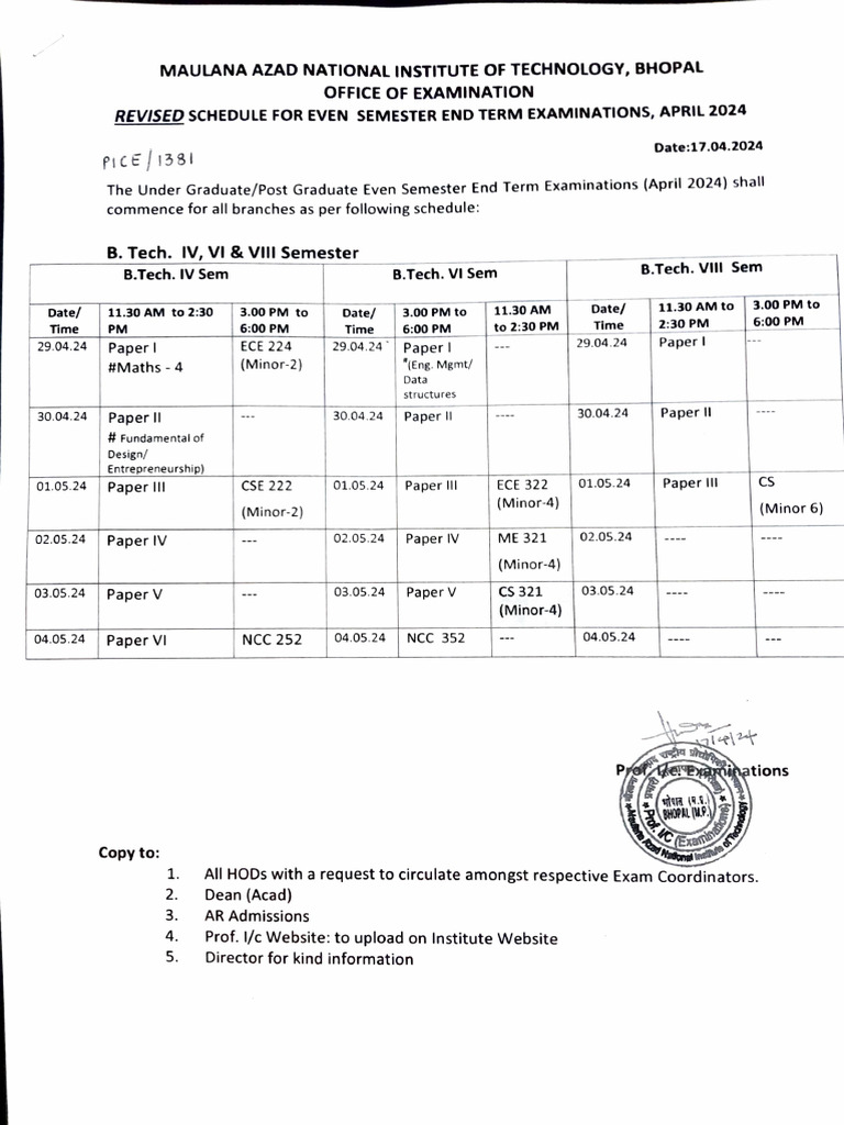 Schedule For Even Semester End Term Examinations, April 2024 | PDF ...