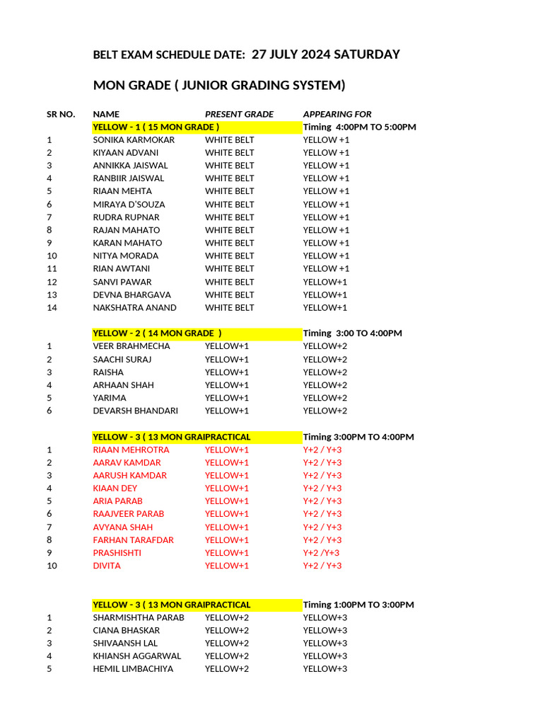 Belt Exam List and Timing July 2024 | PDF