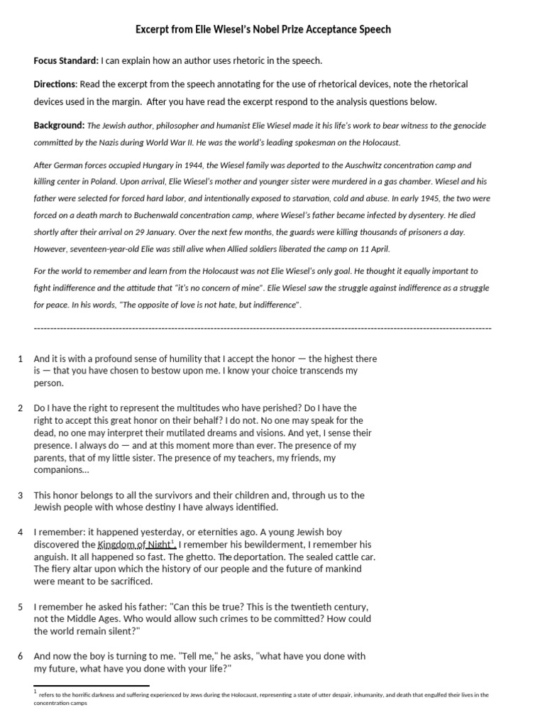 Elie - Wiesel - Nobel Prize Acceptance Speech - Text | PDF | The ...