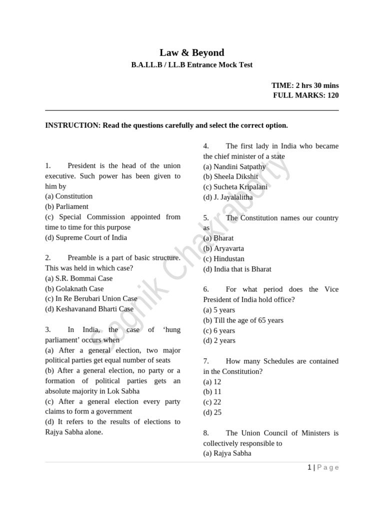B.A.LL.B Entrance Mock Test | PDF