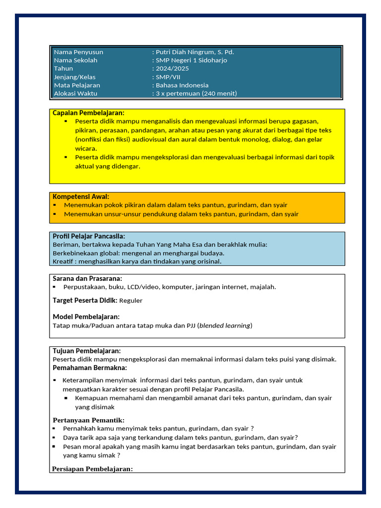 Modul Ajar BINDO Klas 7 Bab 3 PUISI RAKYAT-Menyimak-ed | PDF
