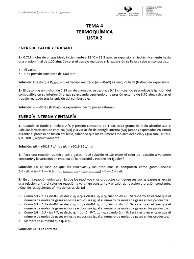 Termoquímica: Trabajo y Entalpía en Gases | PDF | Entalpía ...