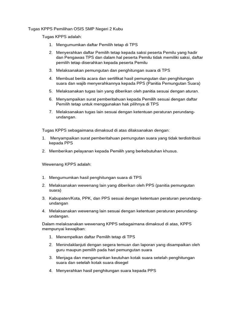 Tugas KPPS Pemilihan OSIS SMP Negeri 2 Kubu | PDF
