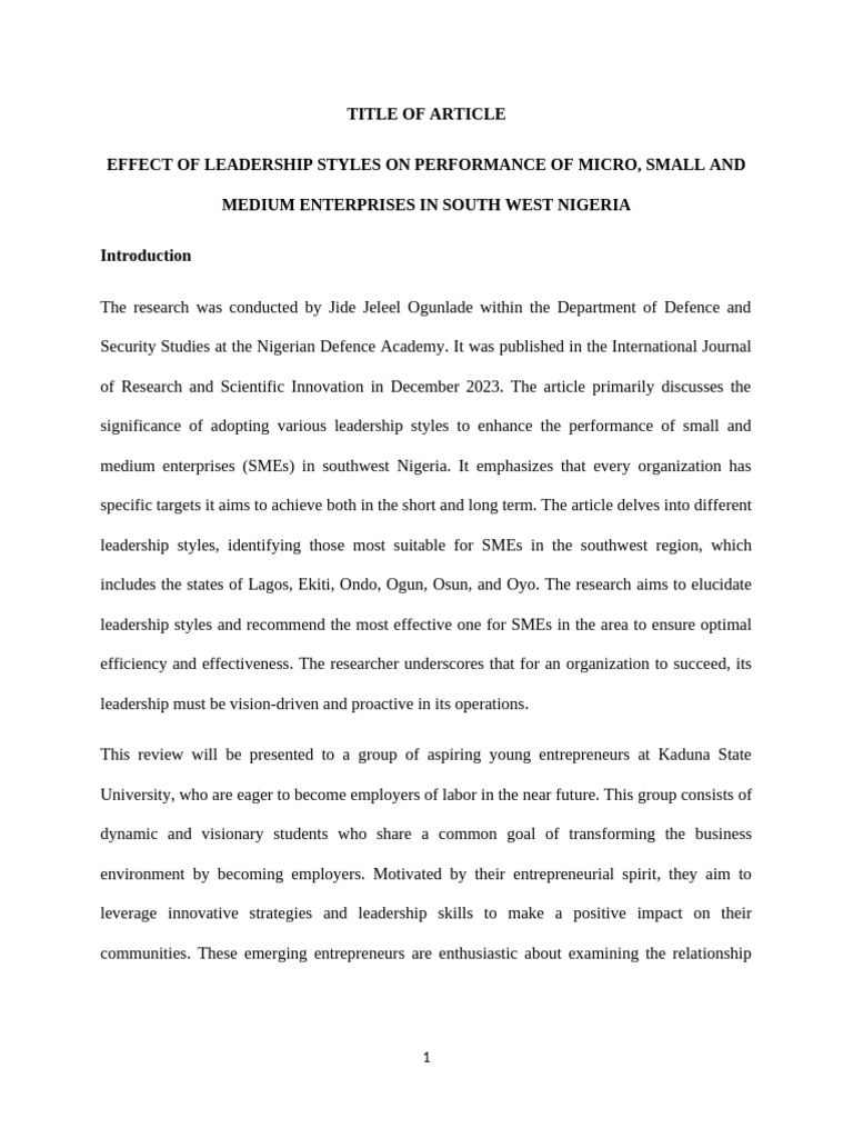 Leadership Styles for Nigerian SMEs | PDF | Methodology | Leadership