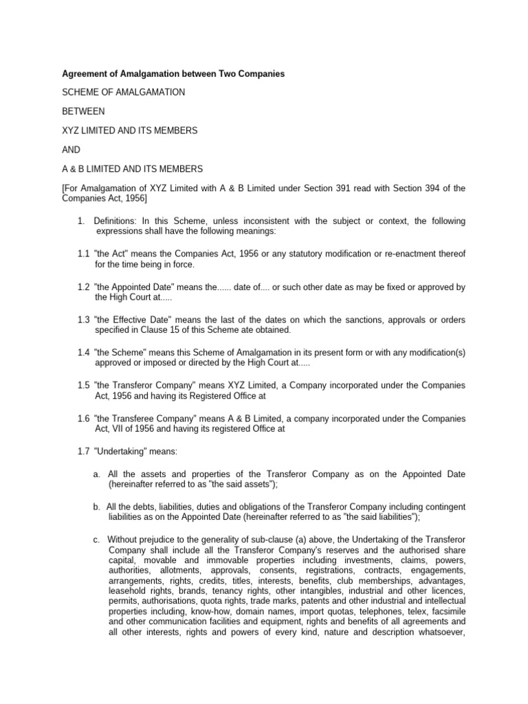 Agreement of Amalgamation Between Two Companies | PDF | Pension | Share ...