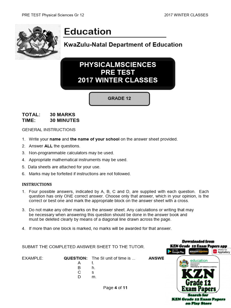 Grade 12 Physical Sciences Pre-Test | PDF | Force | Collision