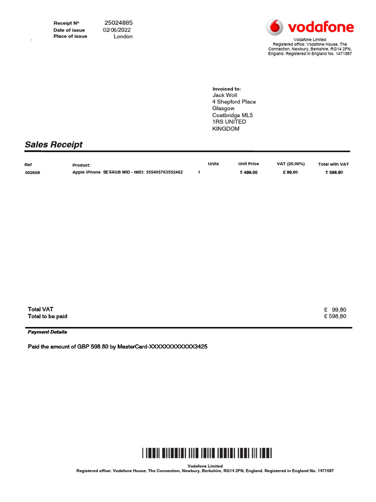 Apple iPhone SE Receipt UK | PDF