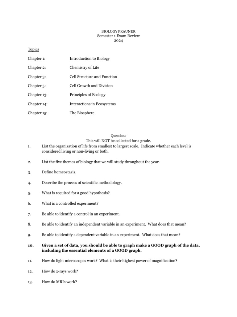 BIO Semester 1 Review 2024 | PDF