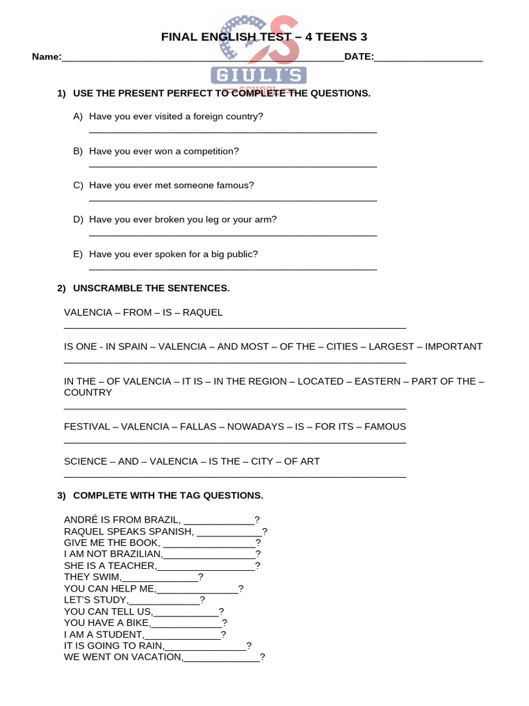 FINAL ENGLISH TEST - 4 TEENS 3 | PDF | Syntax | Linguistic Morphology