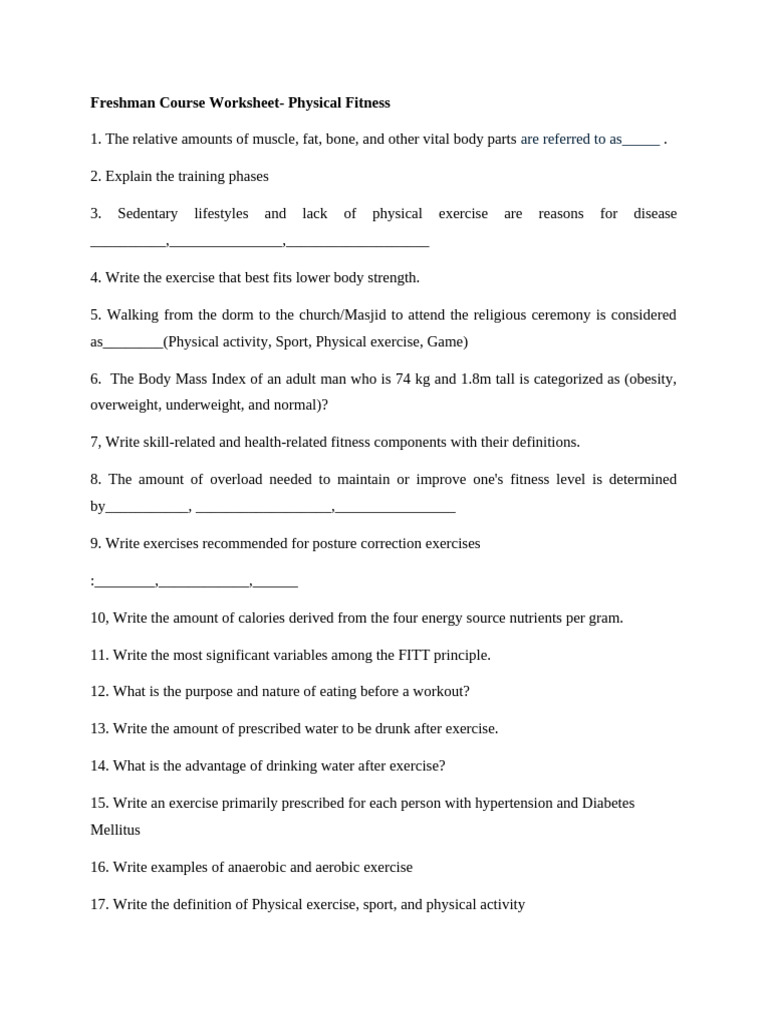 Freshman Fitness Course Worksheet | PDF
