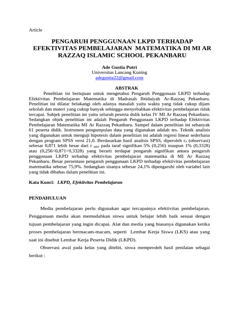 PENGARUH PENGGUNAAN LKPD TERHADAP EFEKTIVITAS PEMBELAJARAN MATEMATIKA (ADE GUSTIA PUTRI) | PDF