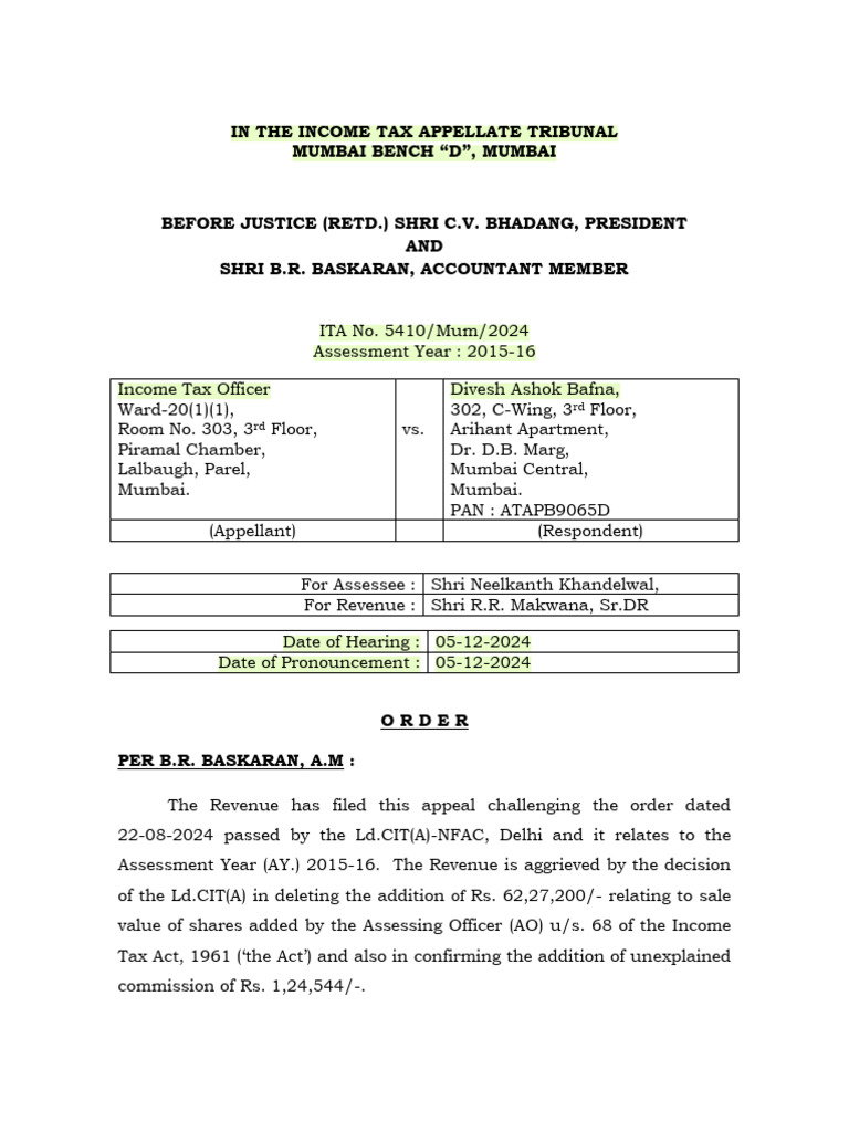 04 ITO Vs. Divesh Ashok Bafna ITA 5410-Mum-2024 ITAT C Bench Mumbai dt 05-12-2024 | PDF ...