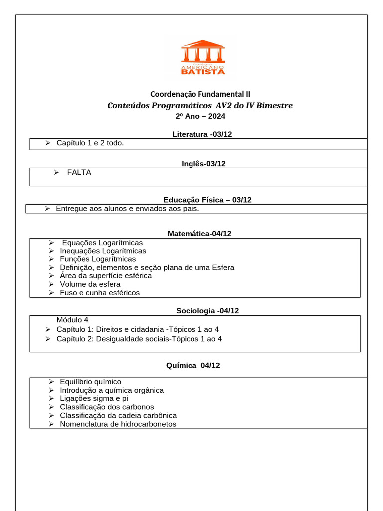 Conteúdos AV2 2º Ano: 2024 | PDF