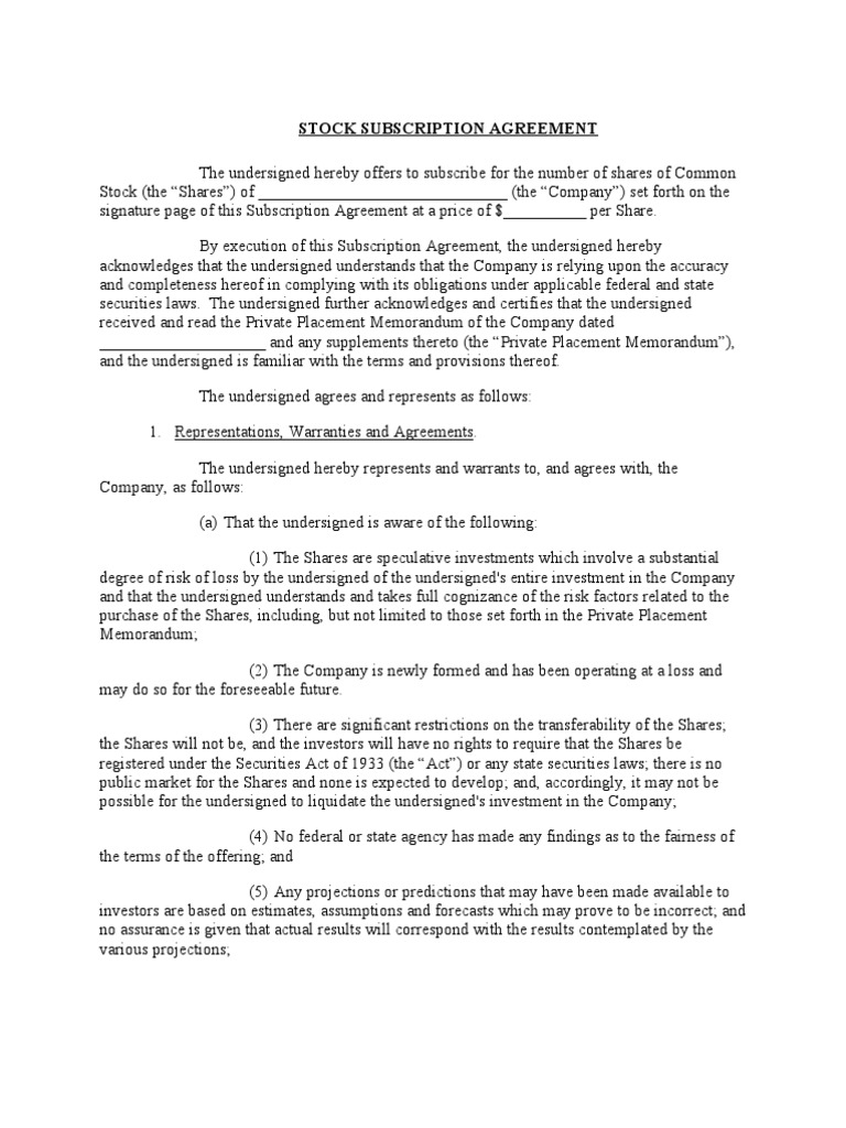Stock Subscription Agreement | PDF | Indemnity | Securities (Finance)
