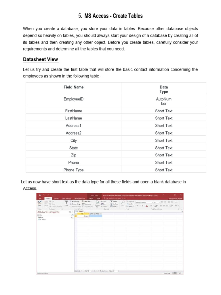 MS Access: Table Creation Guide | PDF | Databases | Data