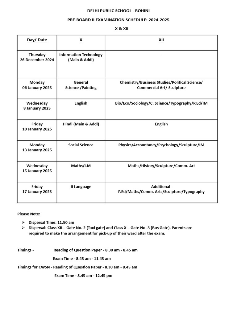 Preboard II Examination Schedule X & Xii 2024-25 | PDF