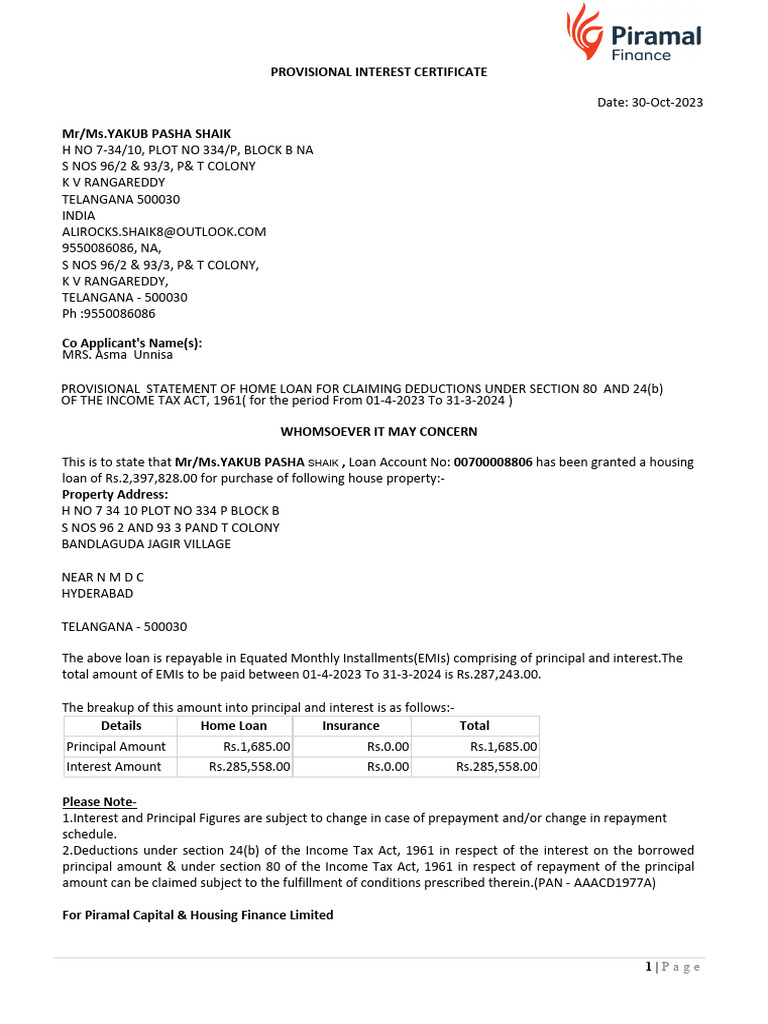 Home Loan Interest Certificate 2023 | PDF