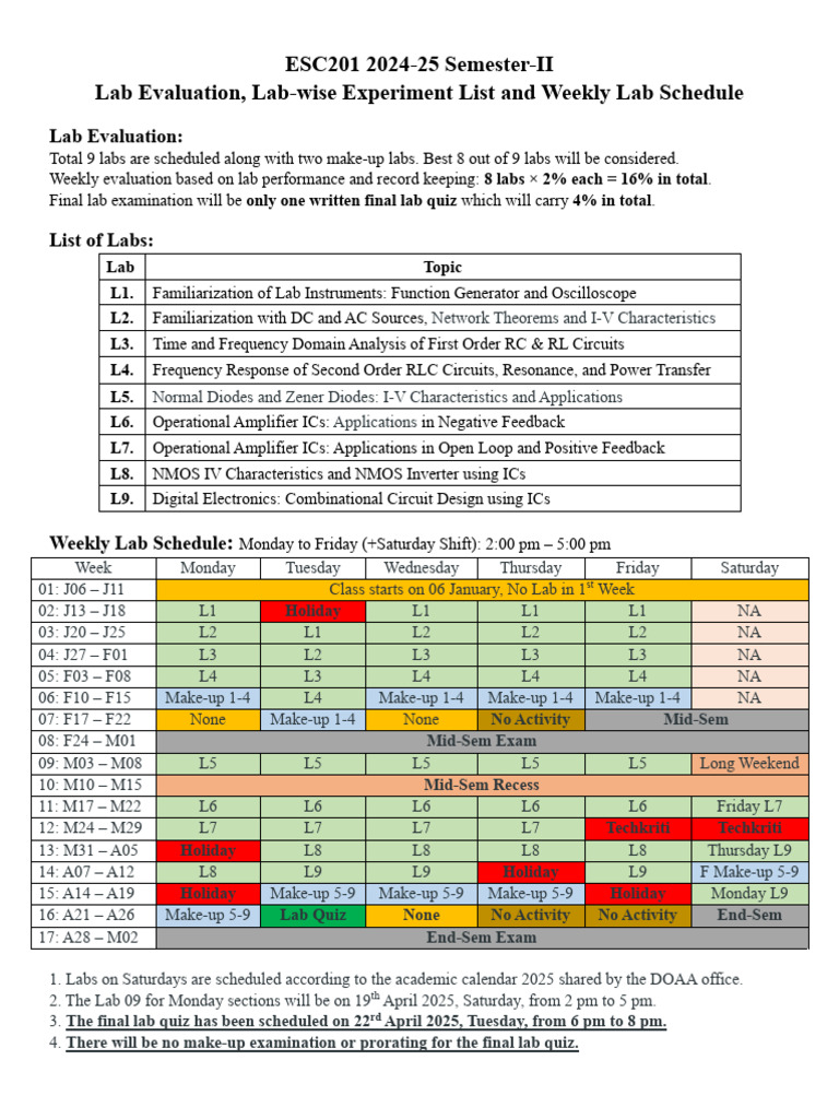 ESC201 Lab Schedule & Evaluation 2024-25 | PDF | Electrical Engineering ...