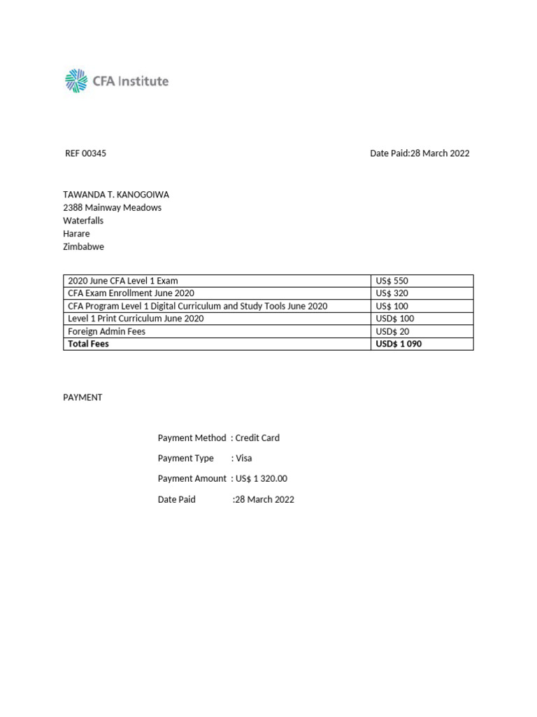 CFA Level 1 Exam Fee Breakdown | PDF