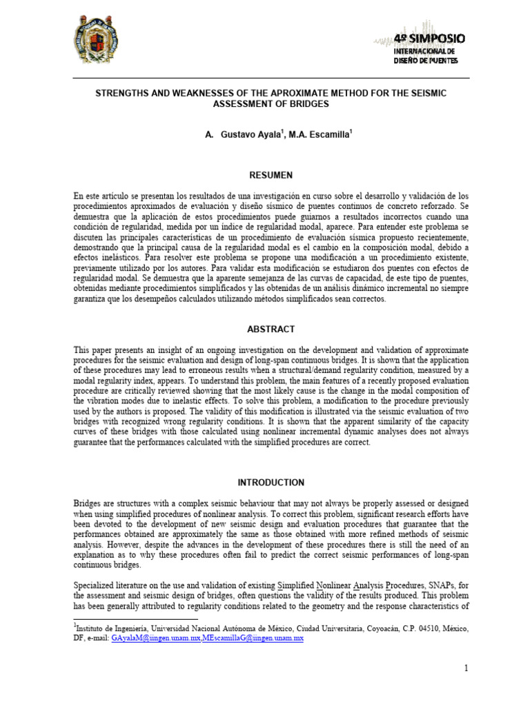 STRENGTHS AND WEAKNESSES OF THE APROXIMATE METHOD FOR THE SEISMIC ASSESSMENT OF BRIDGES | PDF ...