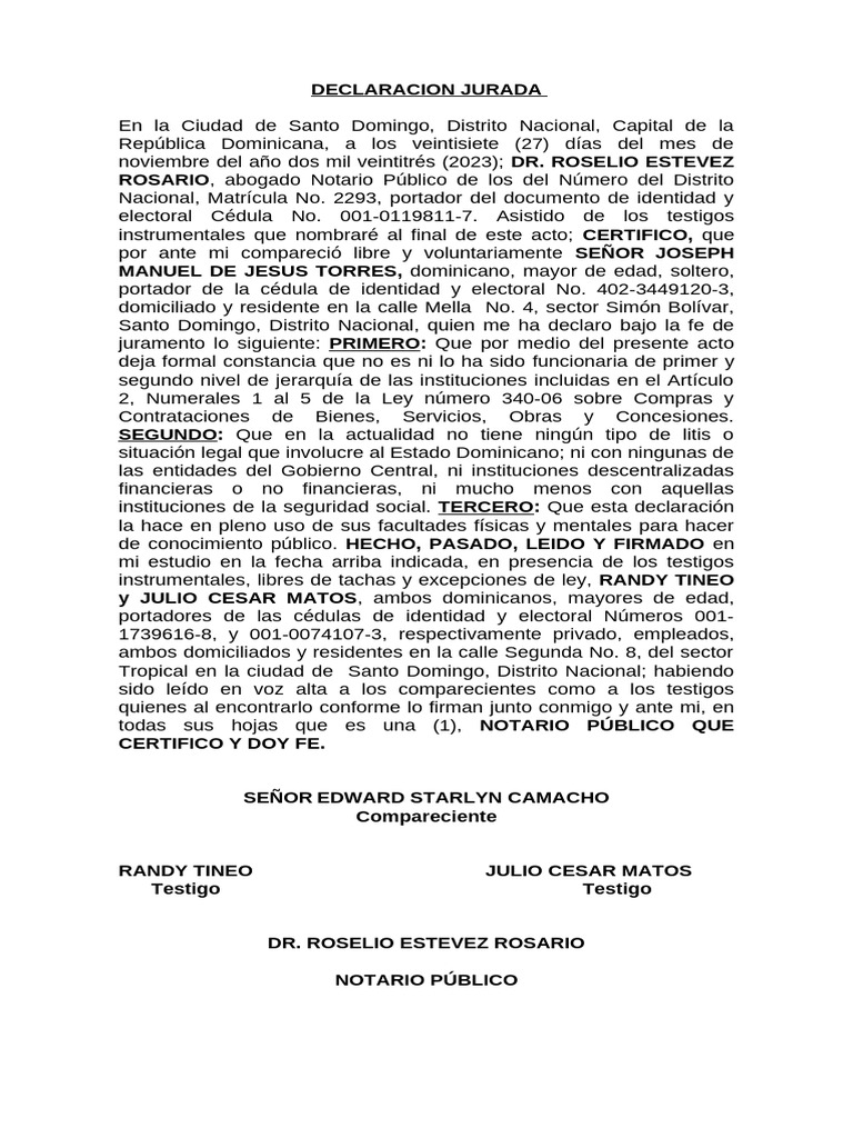 Declaración Jurada en Santo Domingo | PDF | República Dominicana ...