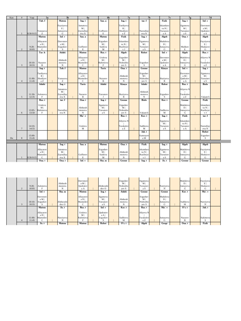 2025-O'quvchi Dars Jadvali | PDF