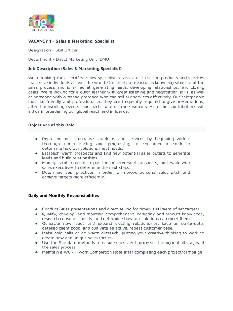 ING Skill Academy - Vacancy (Sales Executive) | PDF