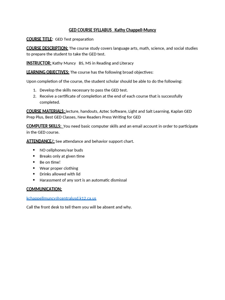 GED Test Preparation Course Syllabus | PDF