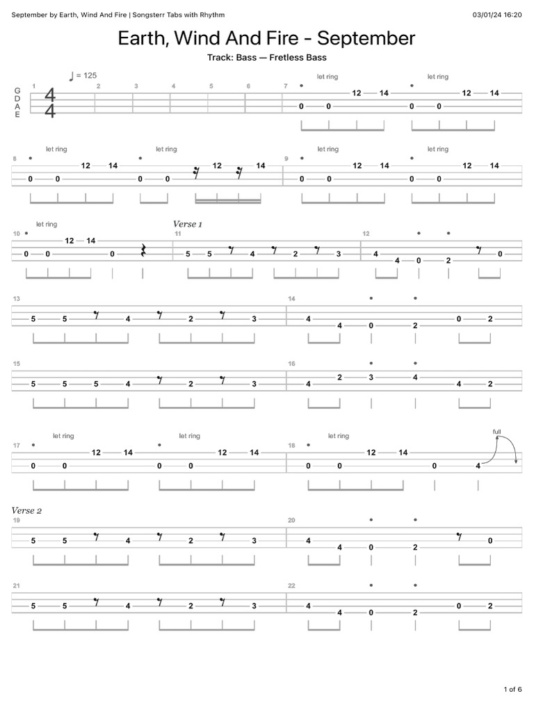 Earth, Wind and Fire - September (Fretless Bass Tab From Songsterr | PDF