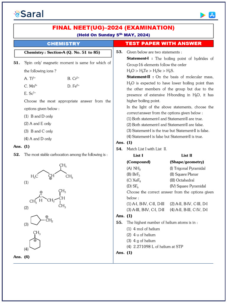 1407 Chemistry Paper With Answer NEET PDF | PDF | Chemical Physics ...