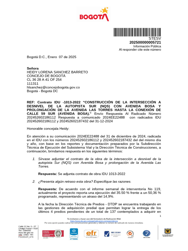 Informe sobre Contrato IDU 1013-2022 | PDF