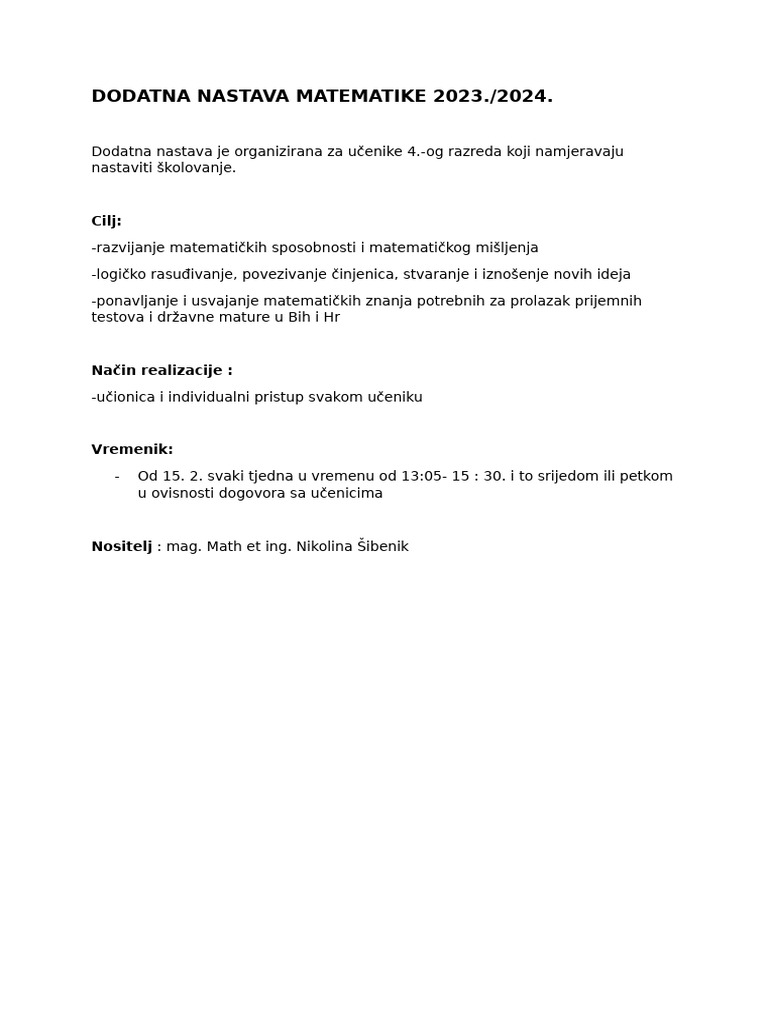 Dodatna Nastava Matematike 2023 | PDF