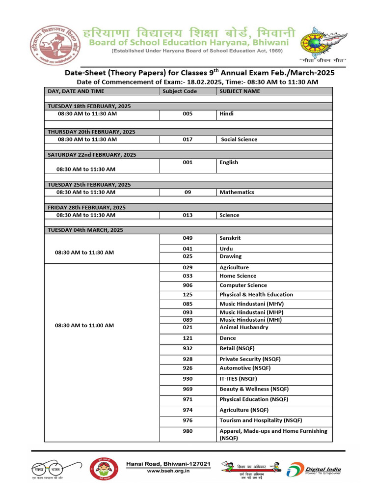 Date Sheet Class 9th 2024-2025 | PDF