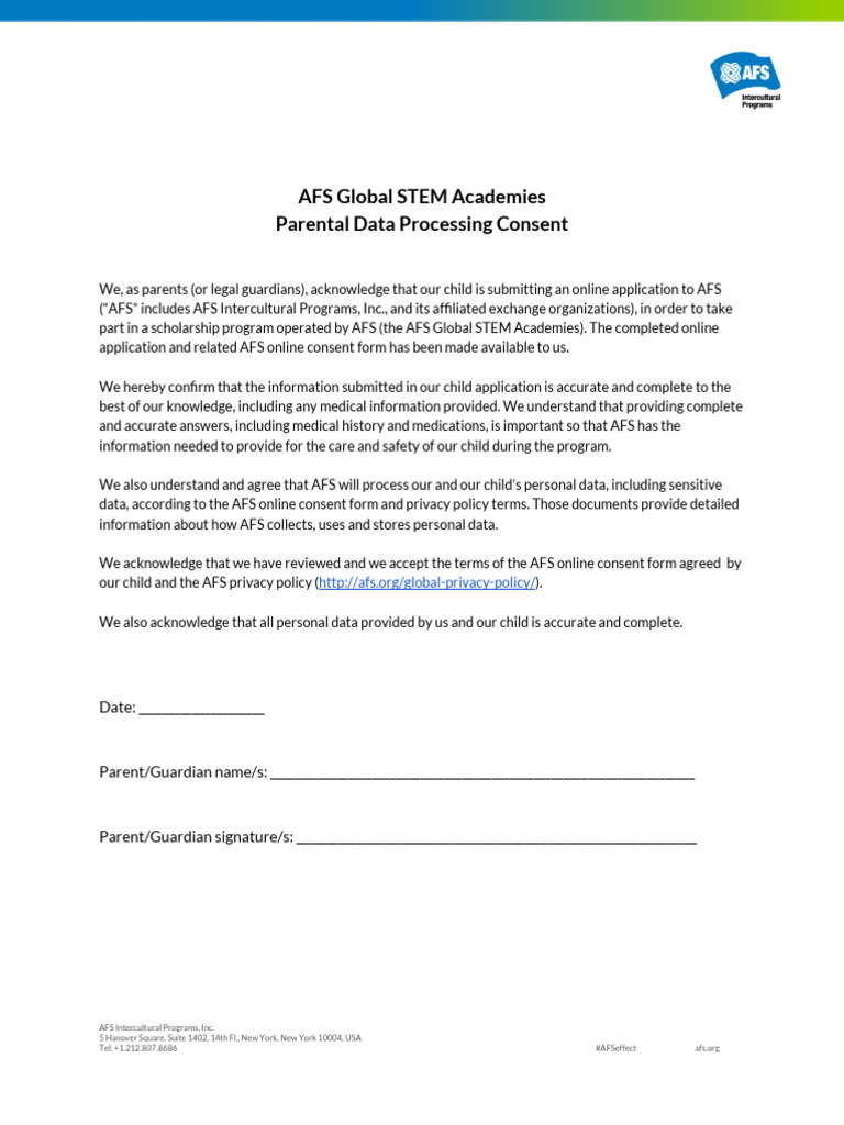 2025 AFS Global STEM Academies - Parental Data Processing Consent | PDF