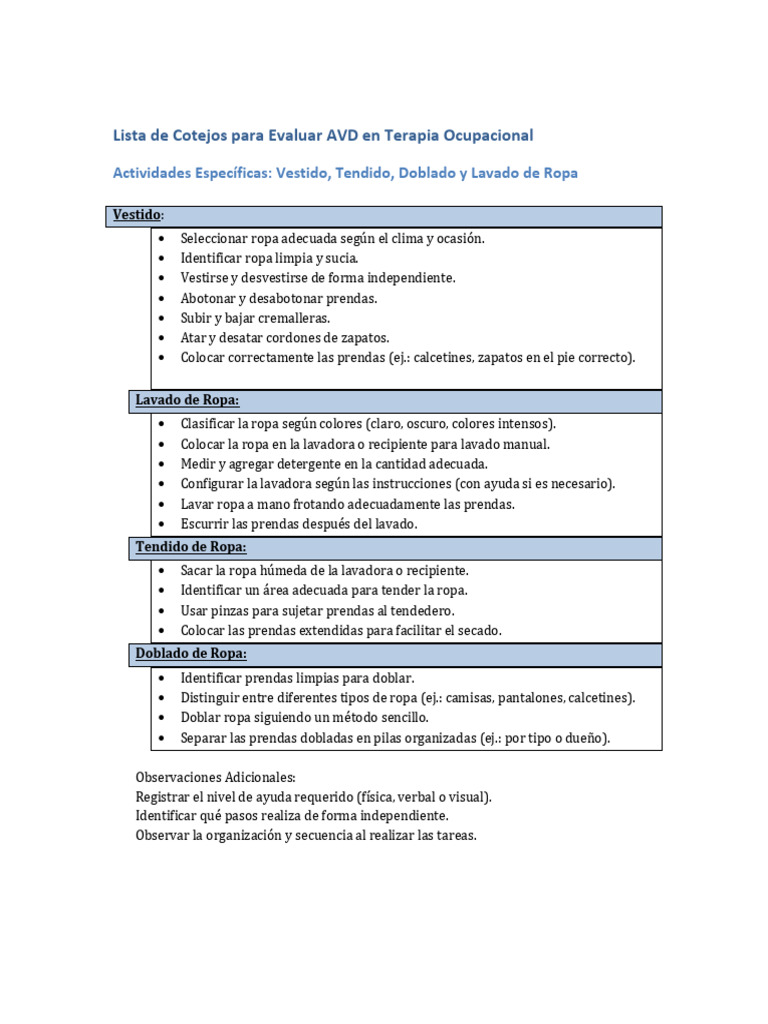 Lista de Cotejos AVD Ropa | PDF