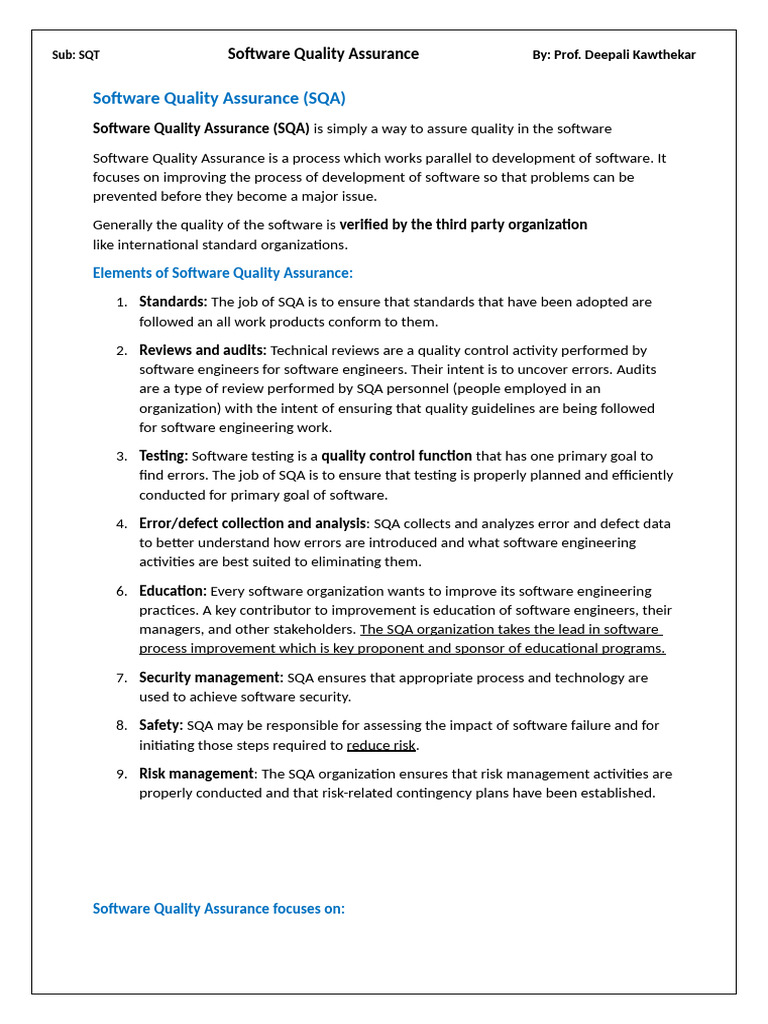 Software Quality Assurance | PDF | Software Quality | Quality Assurance