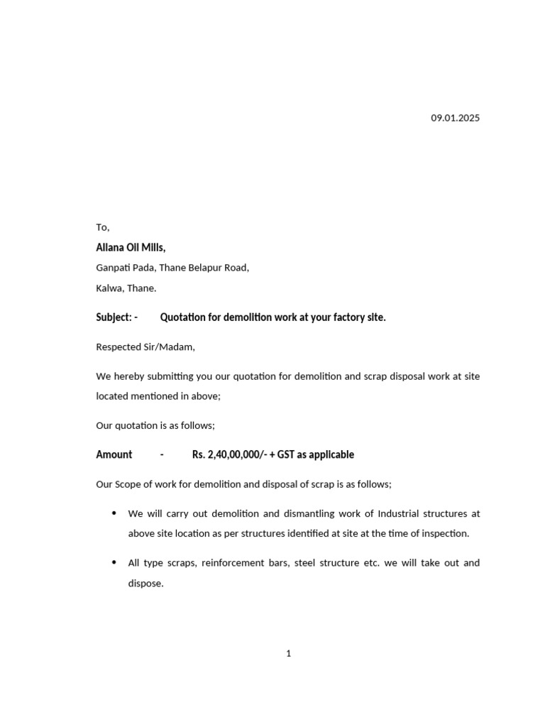 Quotation for Demolition at Kalwa Factory | PDF