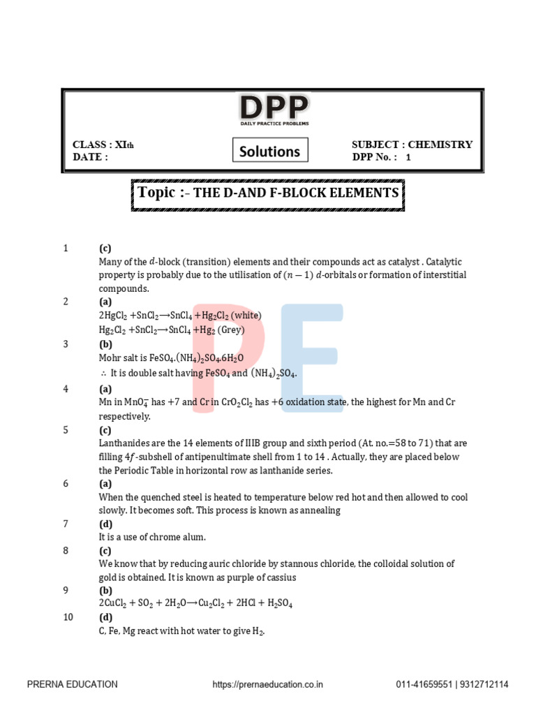 D F Block Elements DPP 1 Solution | PDF | Sets Of Chemical Elements | Physical Sciences