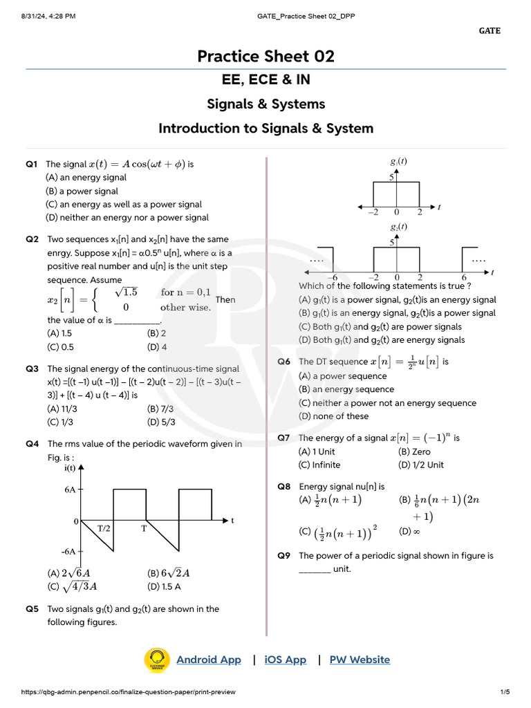 GATE Signals and Systems Practice Qs | PDF | Computer Engineering | Electronics