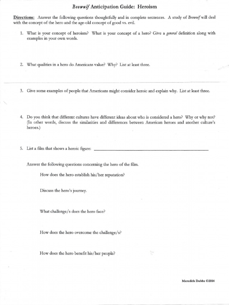 Beowulf Anticipation Guide Heroism | PDF