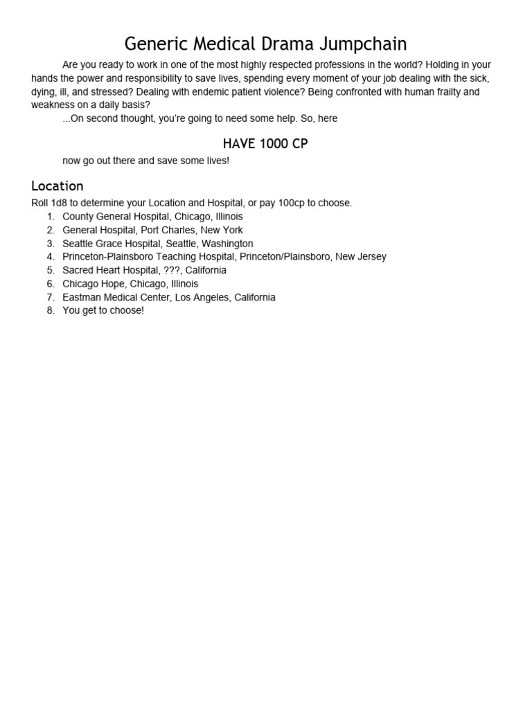 Medical Drama Jumpchain Guide | PDF | Surgery | Hospital