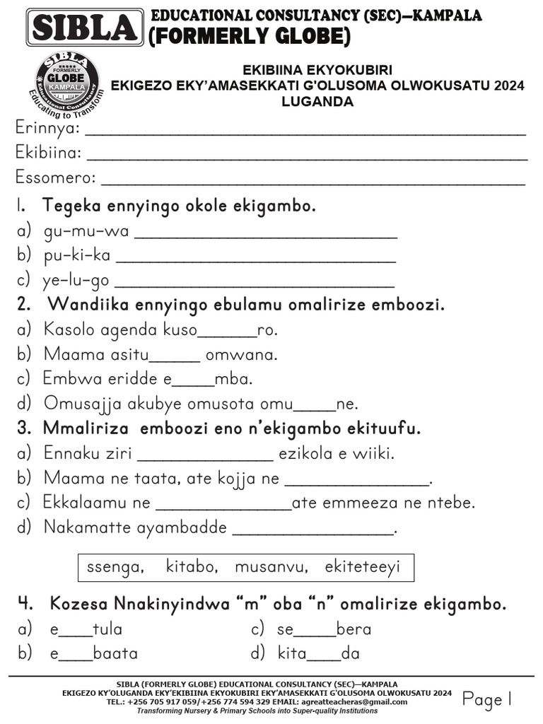 Sibla P.2 Luganda Midterm Iii Exams 2024, Edited | PDF | Languages Of Africa