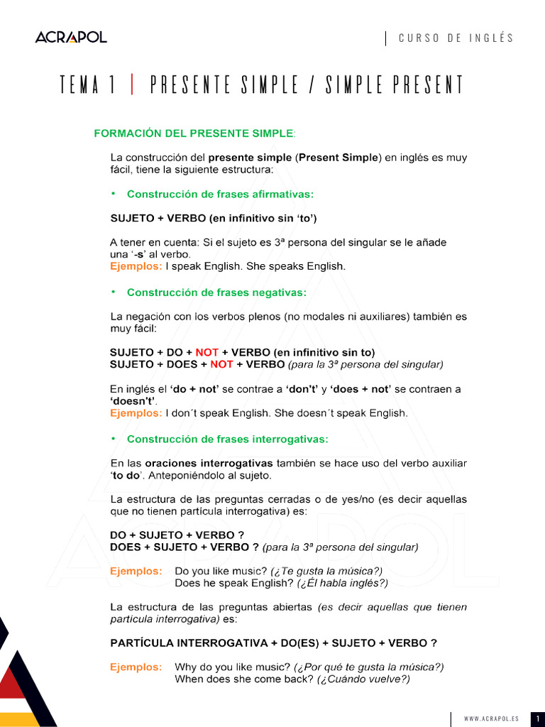 Apuntes Tema1. Presente Simple | PDF