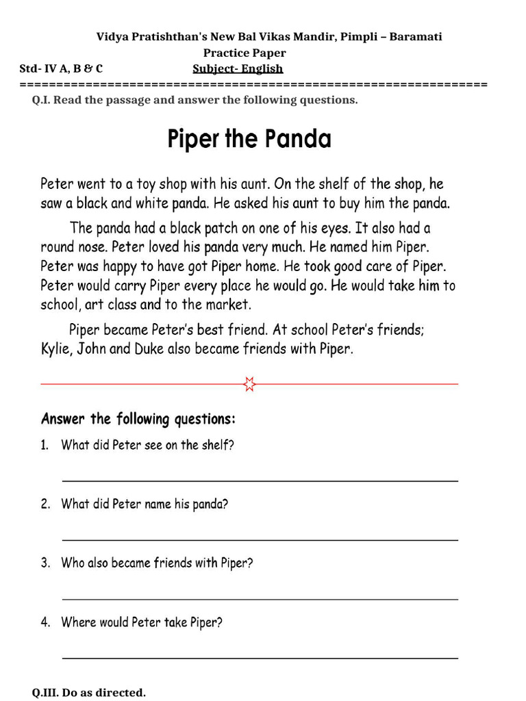 STD 4 ENG Practice Paper | PDF