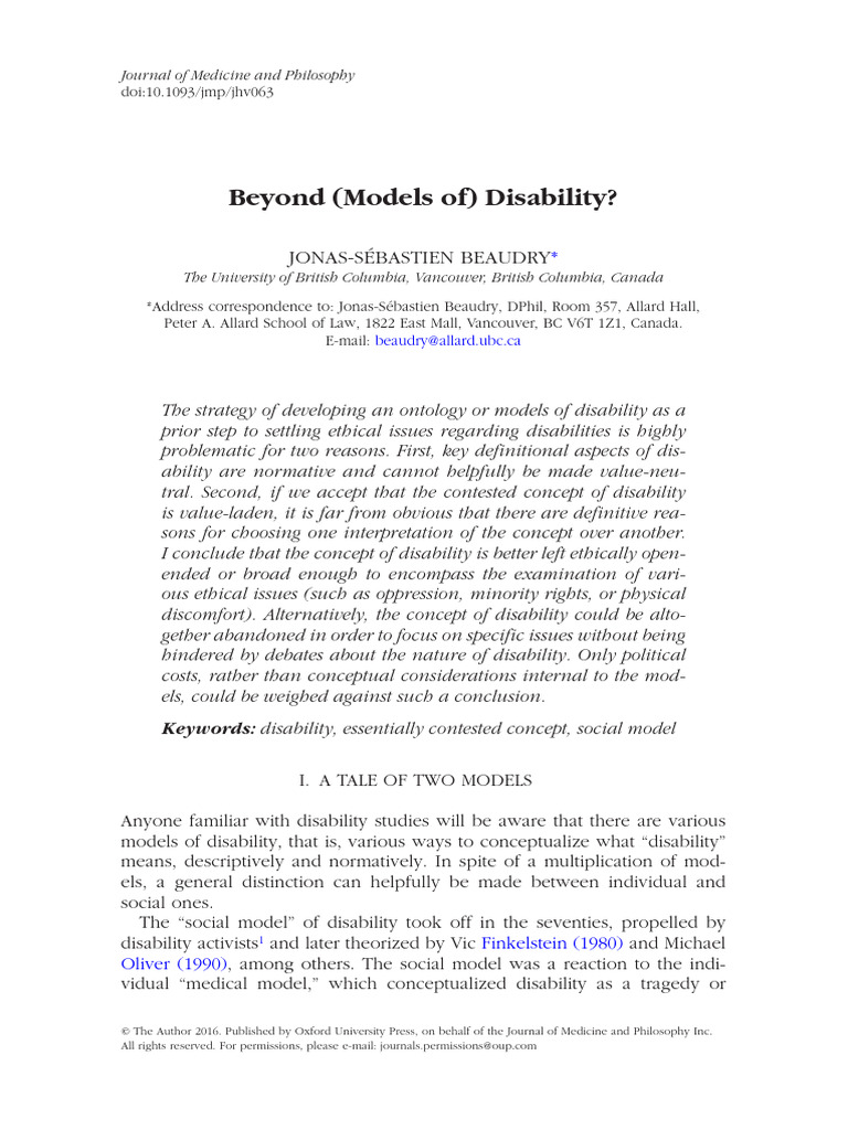 Beaudry (2016) - Beyond Models of Disability | PDF | Disability | Theory