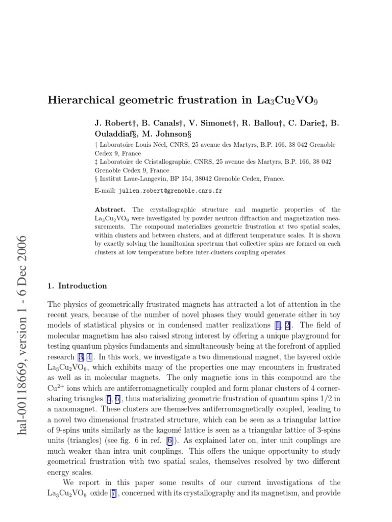 J. Robert Et Al - Hierarchical Geometric Frustration in La3Cu2VO9 | PDF ...