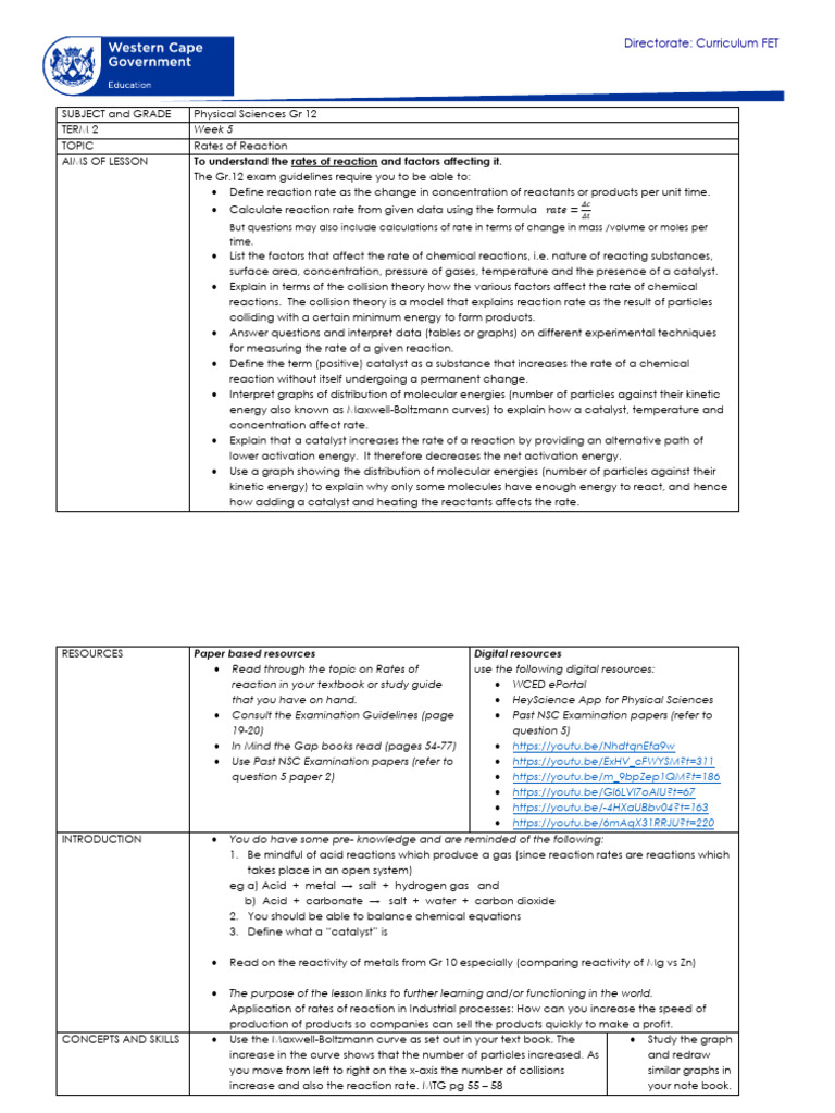 Physical Sciences Grade 12 Term 2 Week 5 - 2020 | PDF | Reaction Rate ...